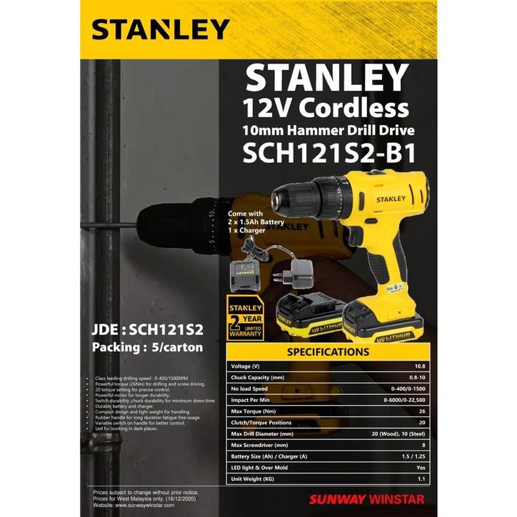 STANLEY Original SCH12S2 10.8V Cordless Li-ion Hammer Drill Driver ...