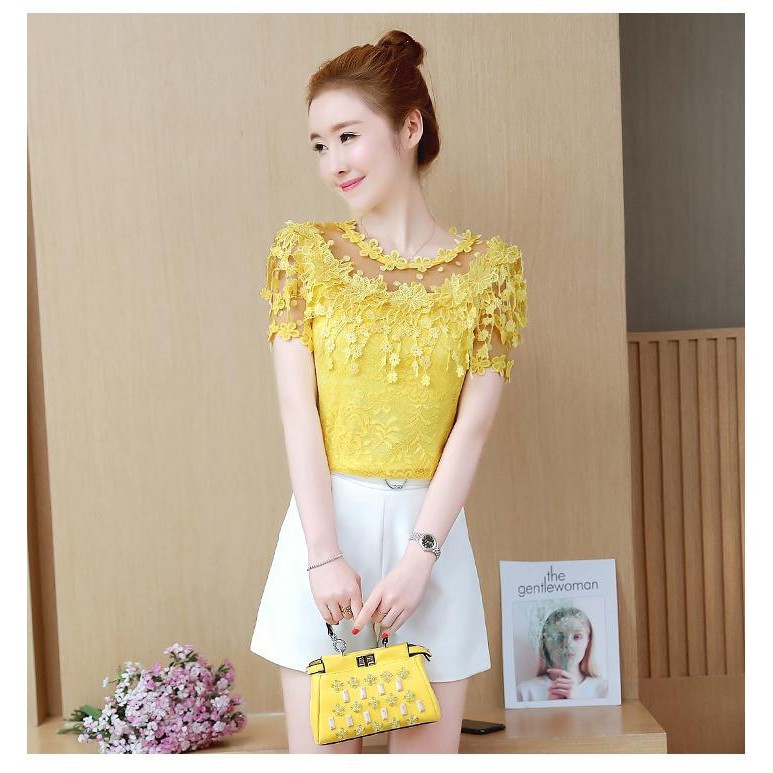 (SOFT LACE) Top Fashion Korean Sweet Lace Flower Short-Sleeved Slim ...