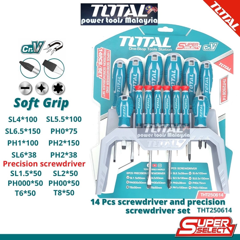 TOTAL 14 Pcs Screwdriver and Precision Screwdriver set 螺丝刀和精密螺丝刀套装 ...