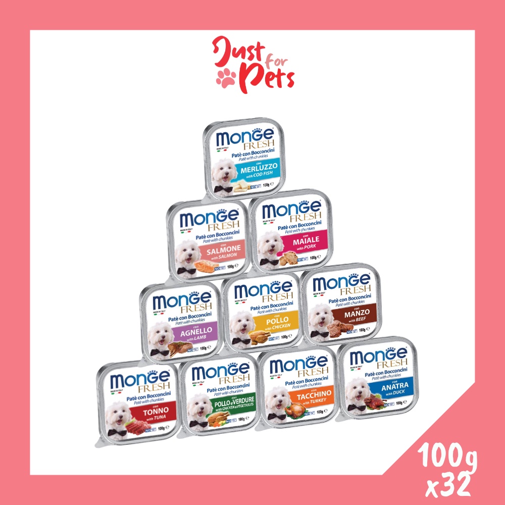 Monge Fresh 100g x32 Wet Dog Food (Codfish Tuna Beef Chicken Duck Lamb ...