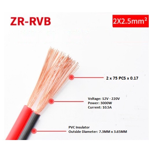 TWIN CABLE AWG22 AWG20 AWG18 AWG16 AWG14 AWG12 RED BLACK WIRE ZR-RVB ...