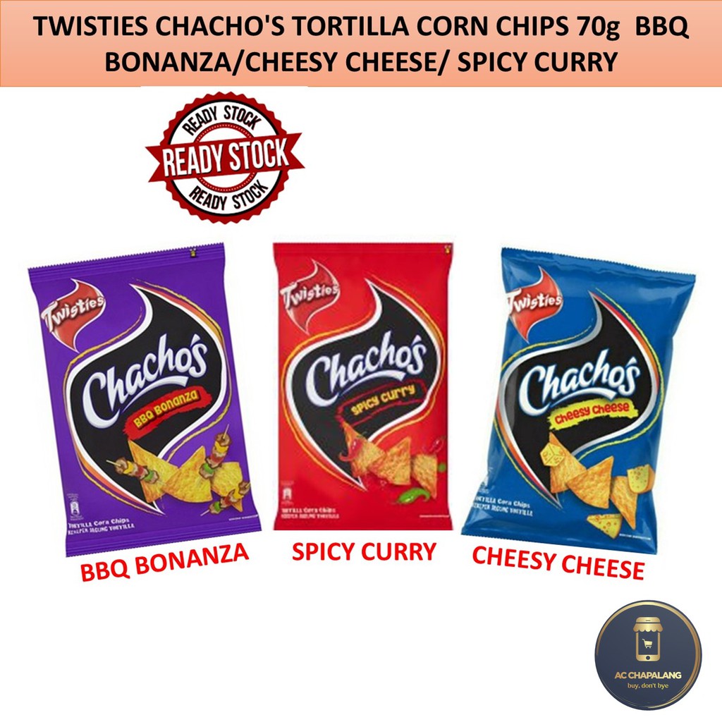 TWISTIES CHACHO'S TORTILLA CORN CHIPS 70g BBQ BONANZA/ SPICY CURRY ...