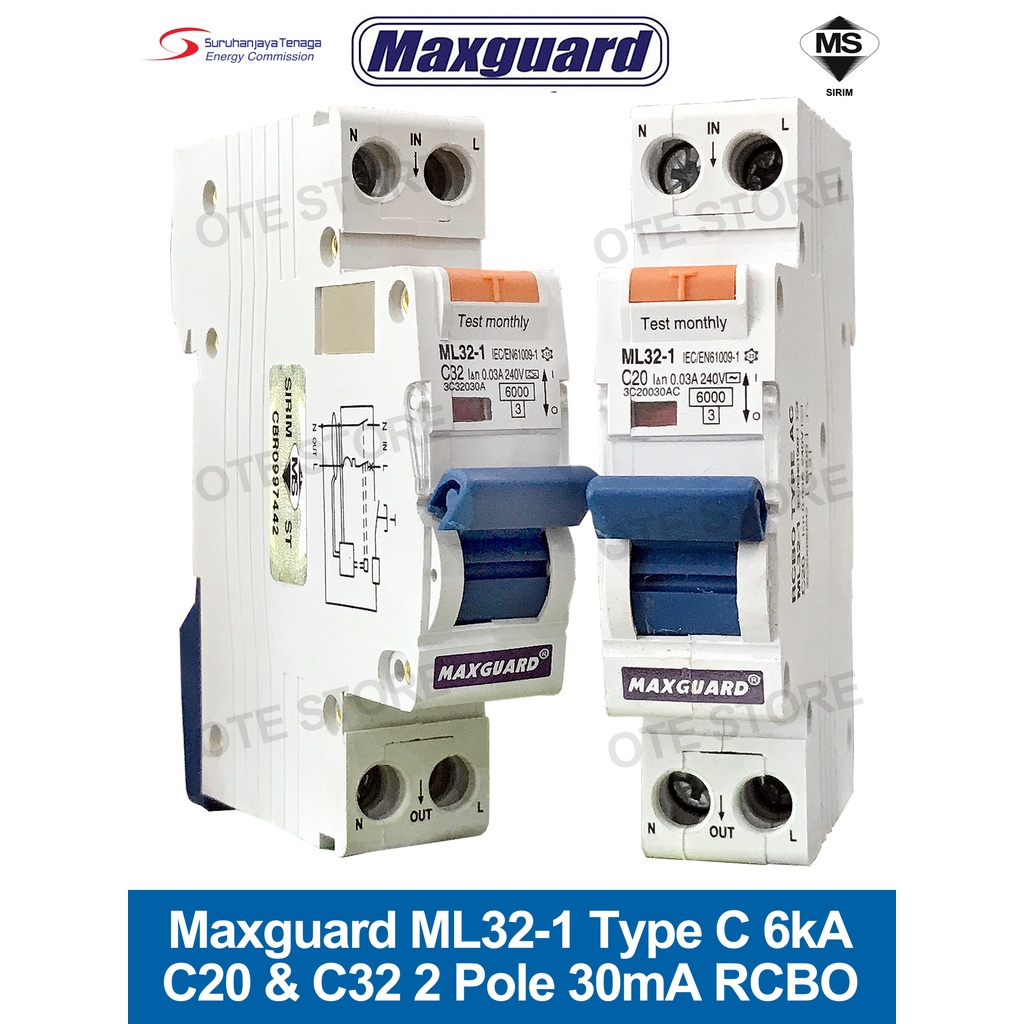 MAXGUARD ML32-1 C20 20A C32 32A 2 Pole 30mA 0.03A 10mA 0.01A 6kA Type AC RCBO (Sirim) | Shopee ...