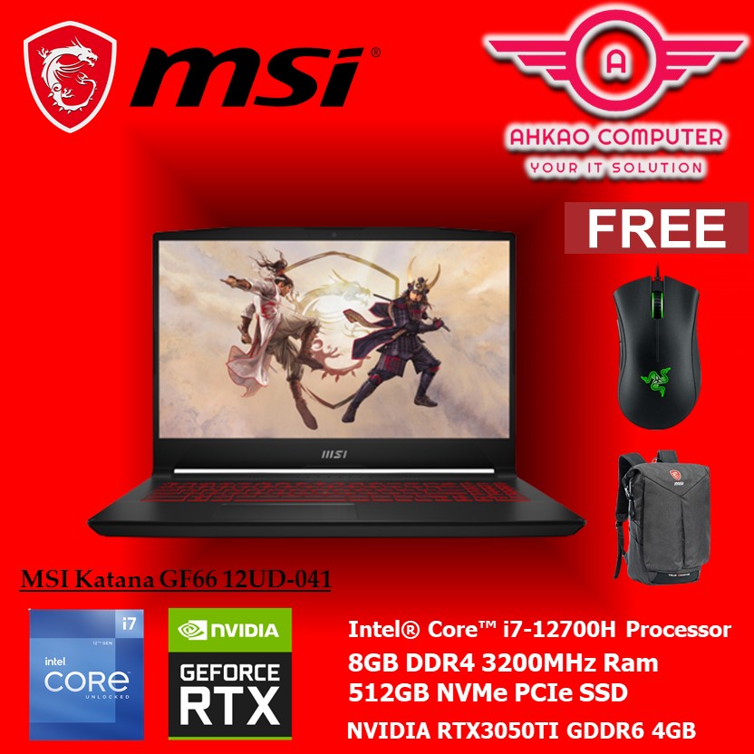 MSI Katana GF66 12UD-041 15.6'' FHD 144Hz Gaming Laptop ( I7-12700H, 8GB, 512GB SSD, RTX3050Ti ...