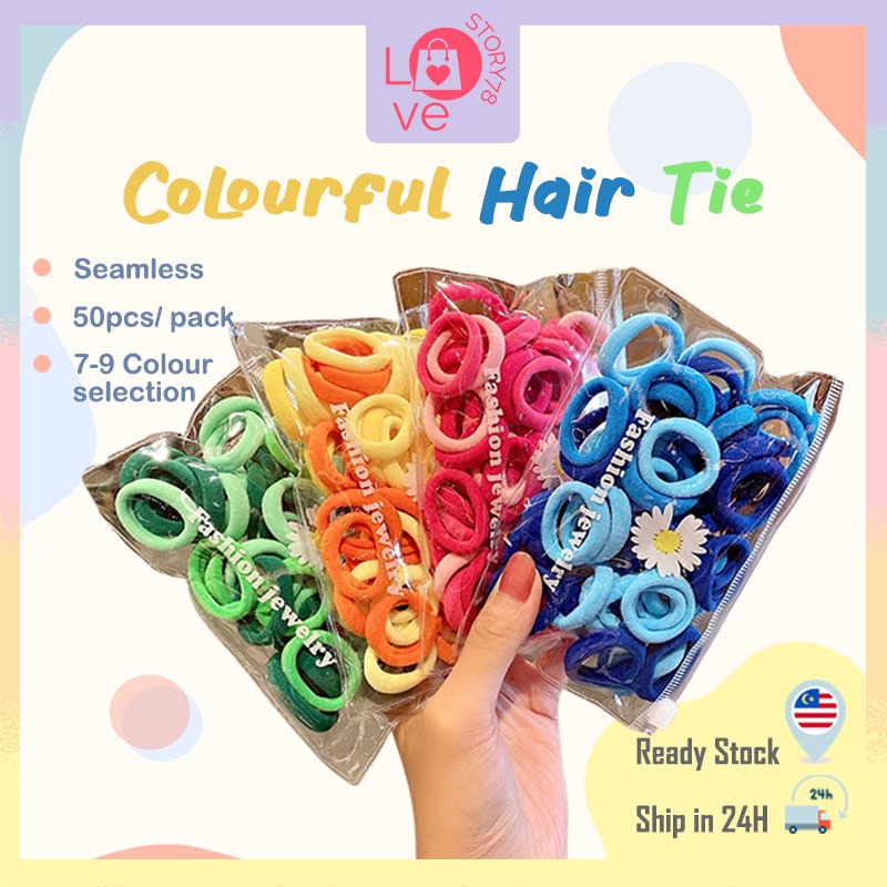 LOVESTORY 50Pcs Candy Color hair tie Getah Rambut Budak Dewasa high ...