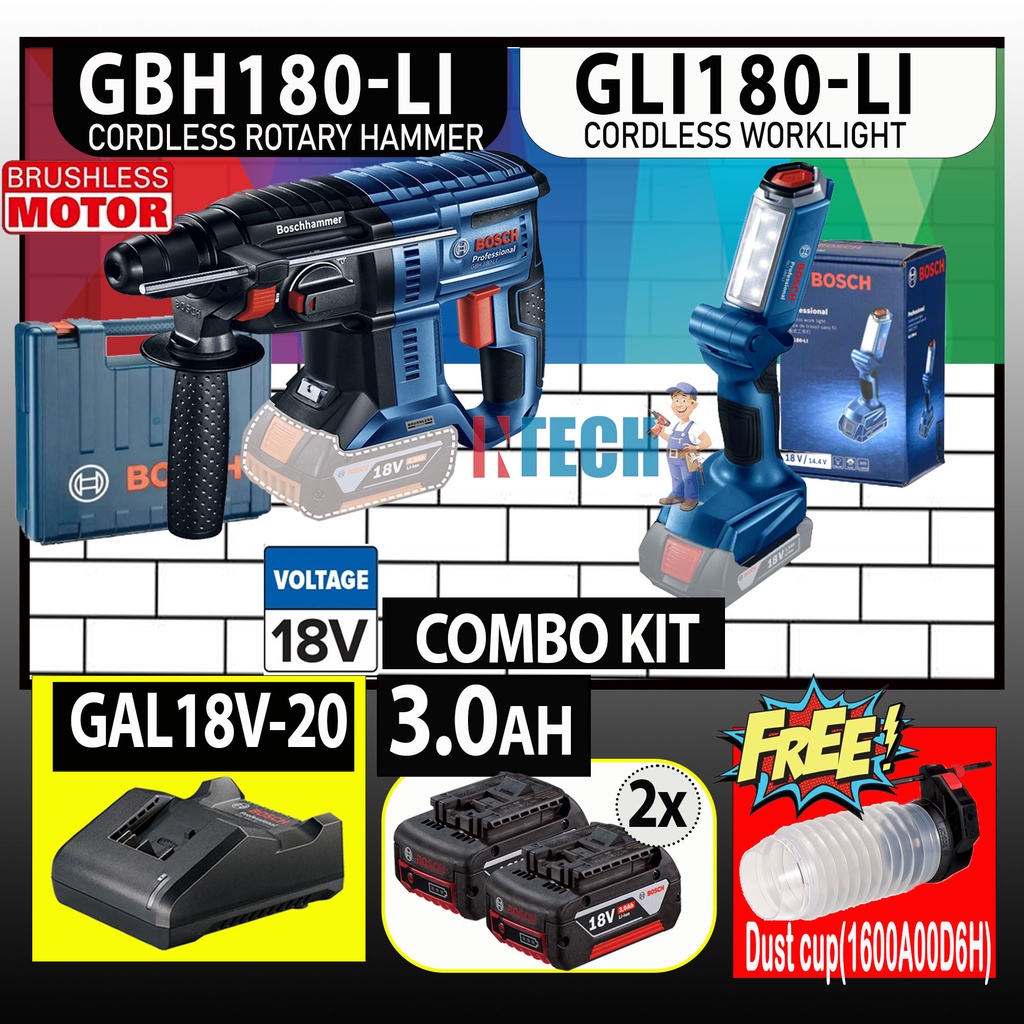 BOSCH COMBO 18V GBH180-LI + GLI180-LI CORDLESS ROTARY HAMMER + CORDLESS ...