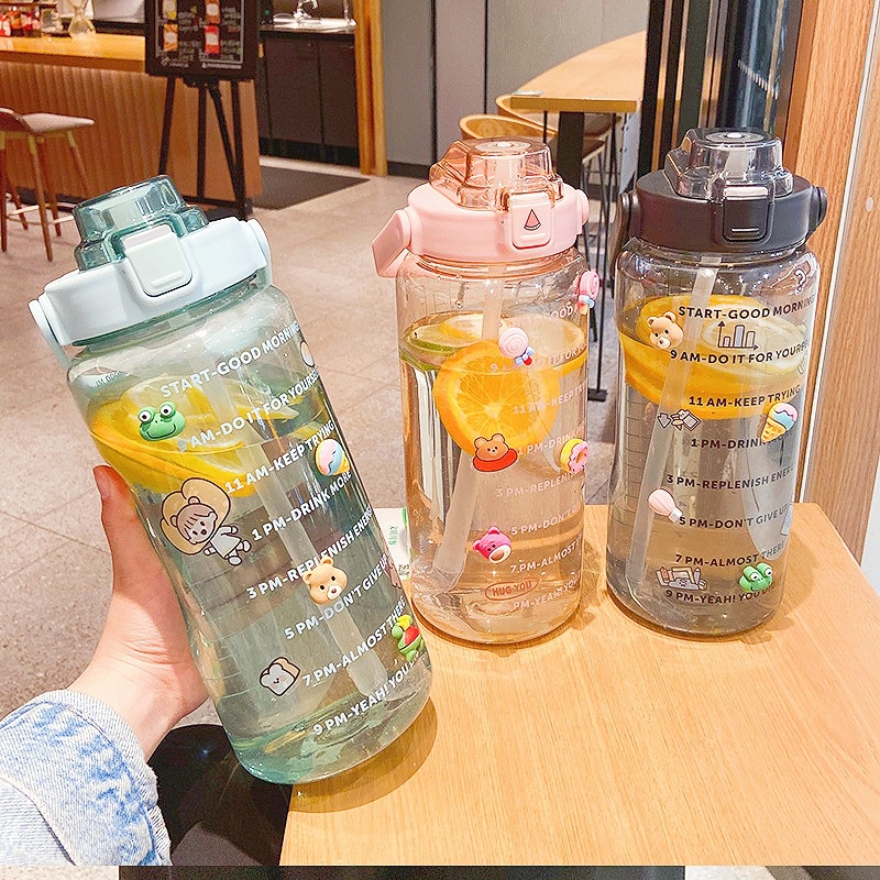 2000ml with Reminder Time Water Bottle Tumbler with Straw Scale Big Bottle 2Liter Gym Bottle ...