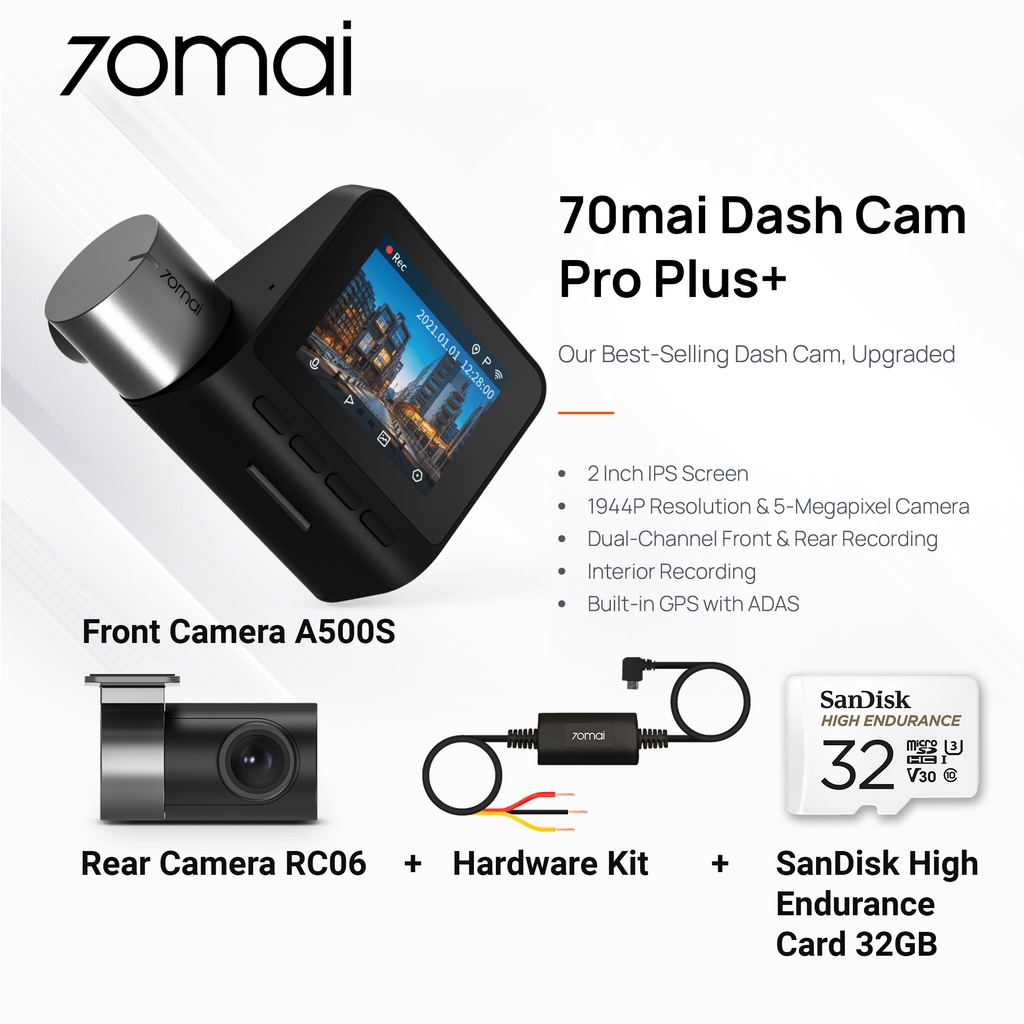 PAKEJ COMBO 70mai Dash Cam Pro Plus (A500S) + Rear Cam Set + Hardwire Kit + SanDisk High ...