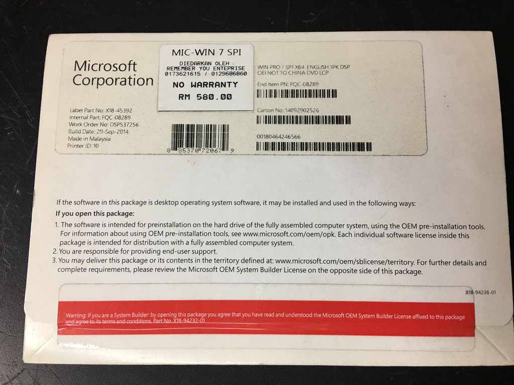 Microsoft Windows 7 Pro Professional 64bit Retail Pack (FQC-08289 ...