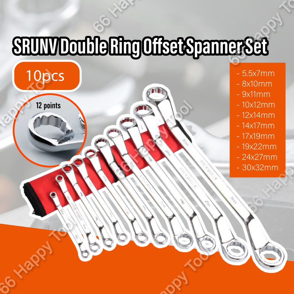 SRUNV 10pcs 5.5mm-32mm Double Ring Offset Spanner Tool Set Double Ended Combination Ratchet ...