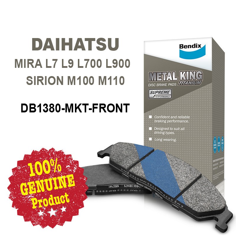 Original Bendix [DB1380MKT] Front Brake Pad - Daihatsu Mira L7 L700 L9 ...