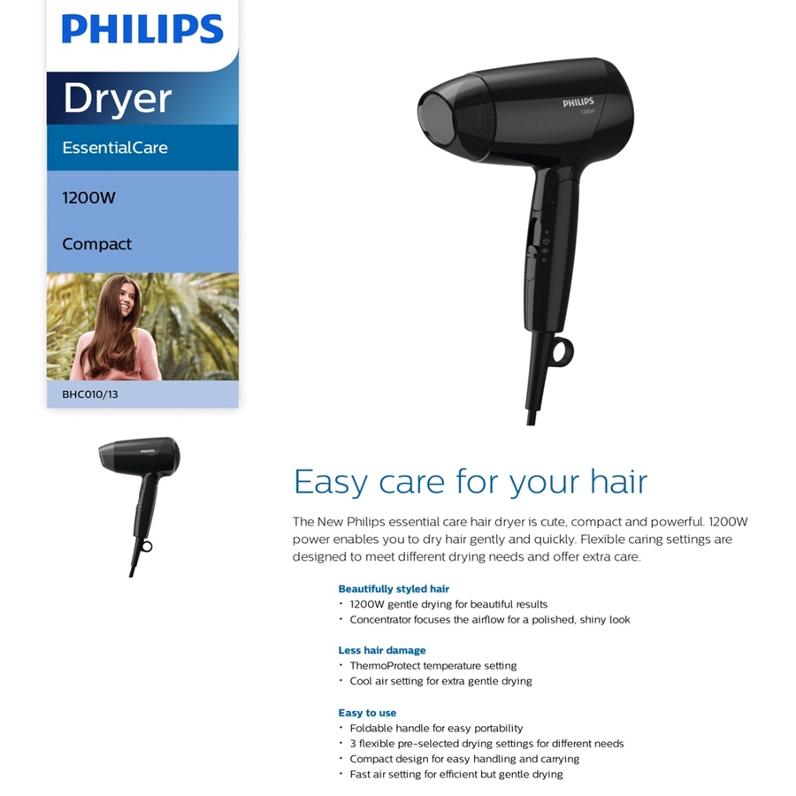 Philips Essential Care Compact Hair Dryer BHC010 Black / HP8108 Pink | Shopee Malaysia