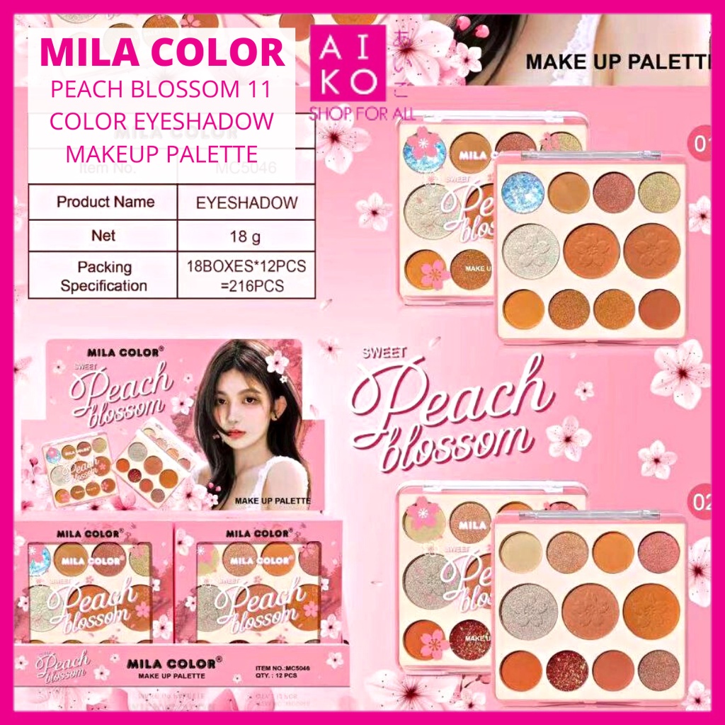 (AIKO) MILA COLOR PEACH BLOSSOM 11 COLOR EYESHADOW MAKEUP PALETTE 18G ...