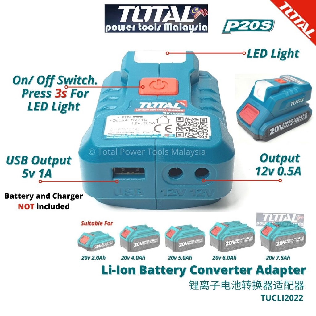 TOTAL Li-Ion Battery Converter Adapter for Dual USB-A Charger Port ...