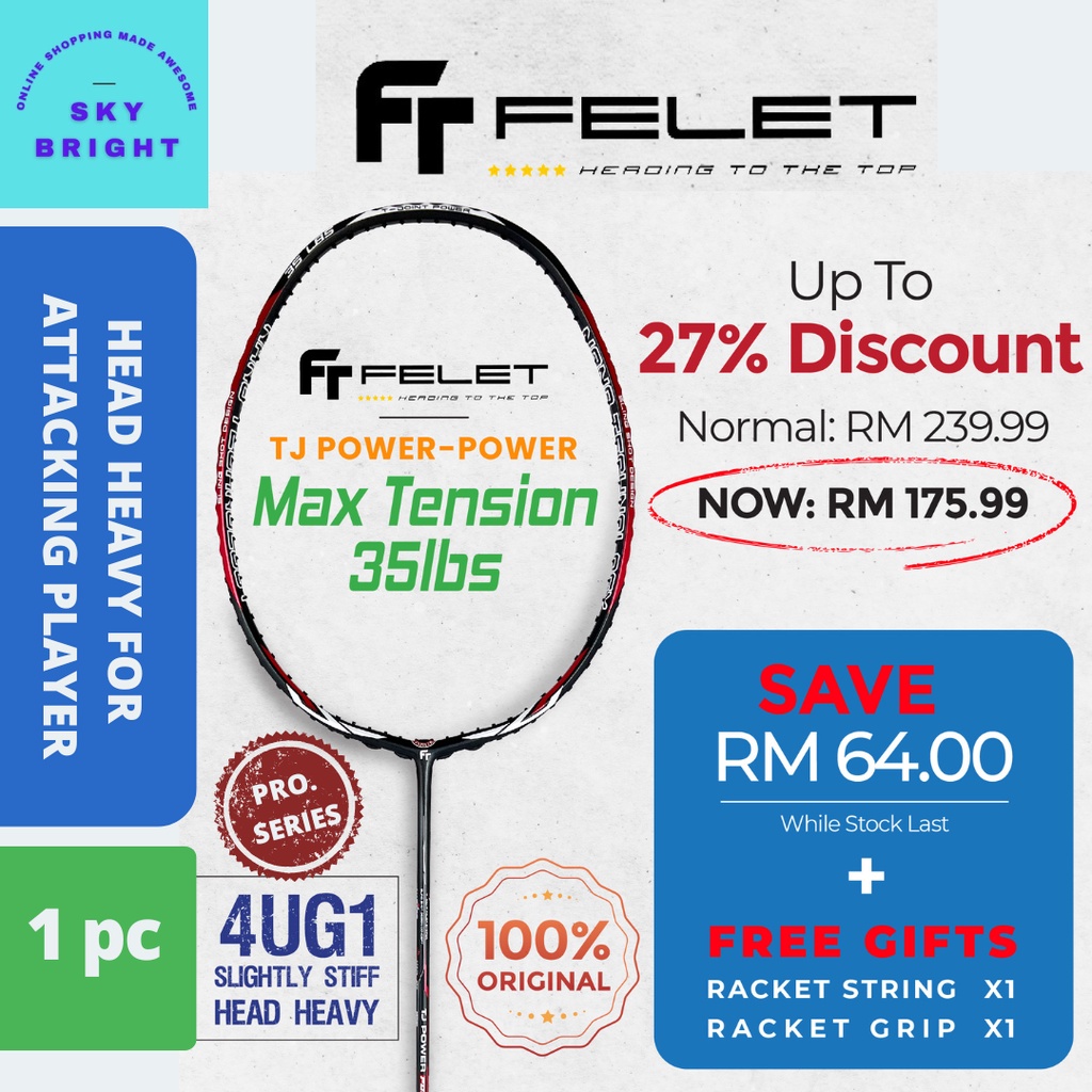 【FREE String & Grip】 FELET TJ Power-Power (Black Red) Badminton Racket ...