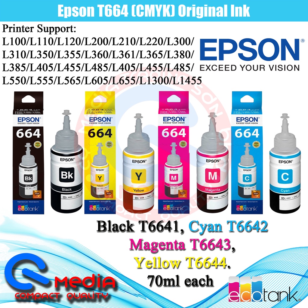 EPSON T664 ORIGINAL INK 70ML T6641 T6642 T6643 T6644 L210 L360 L220 ...