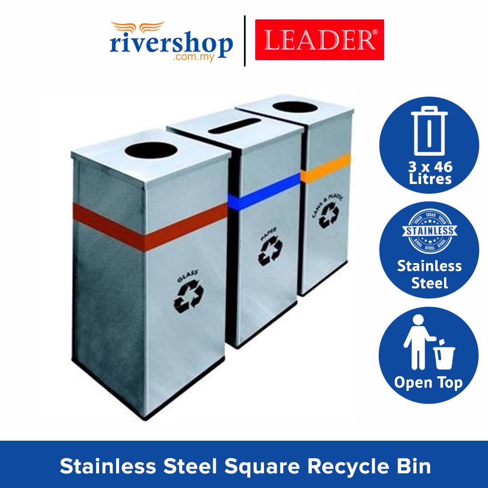 LEADER 3 x 46L Stainless Steel Square Recycle Bin Recycling Garbage ...