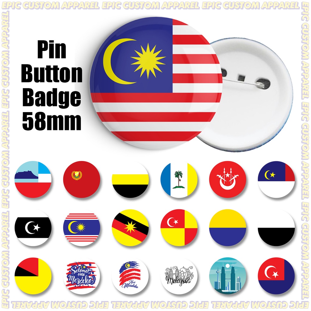 58mm Button Badge Pin Malaysia and State Flags Merdeka Graphic Designs ...