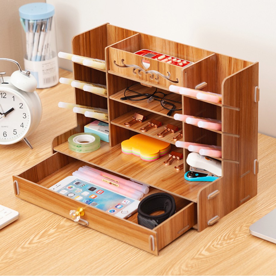 DIY WOODEN STATIONERY FILE RACK DESKTOP DRAWER ORGANIZER PEN PENCIL ...