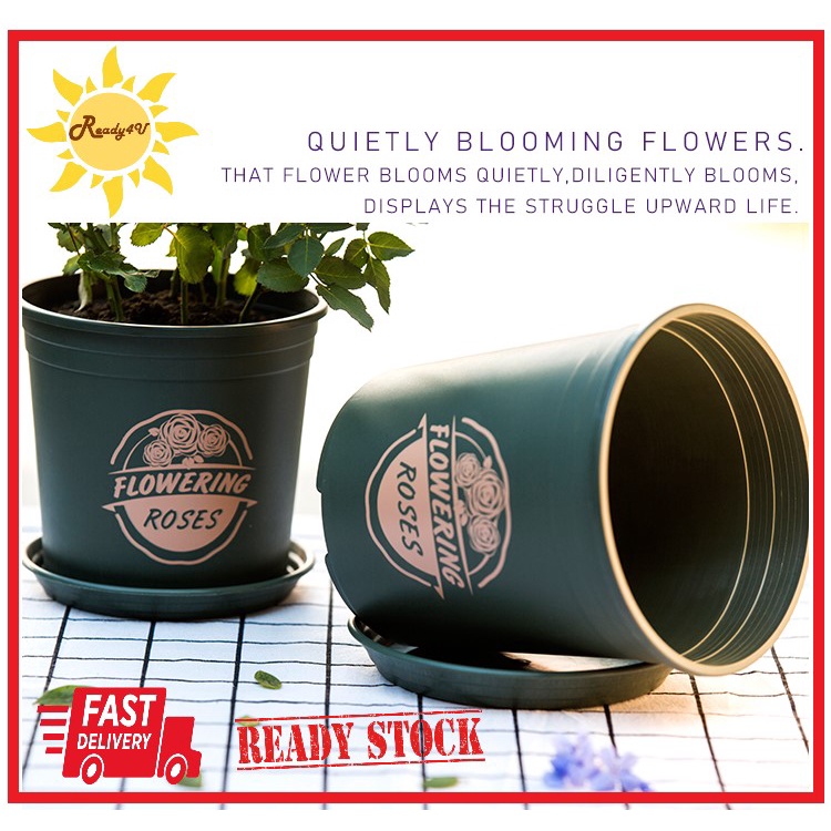 FLOWERING ROSES (ROUND) Plastic Flower Pot Modern Design with Saucer ...