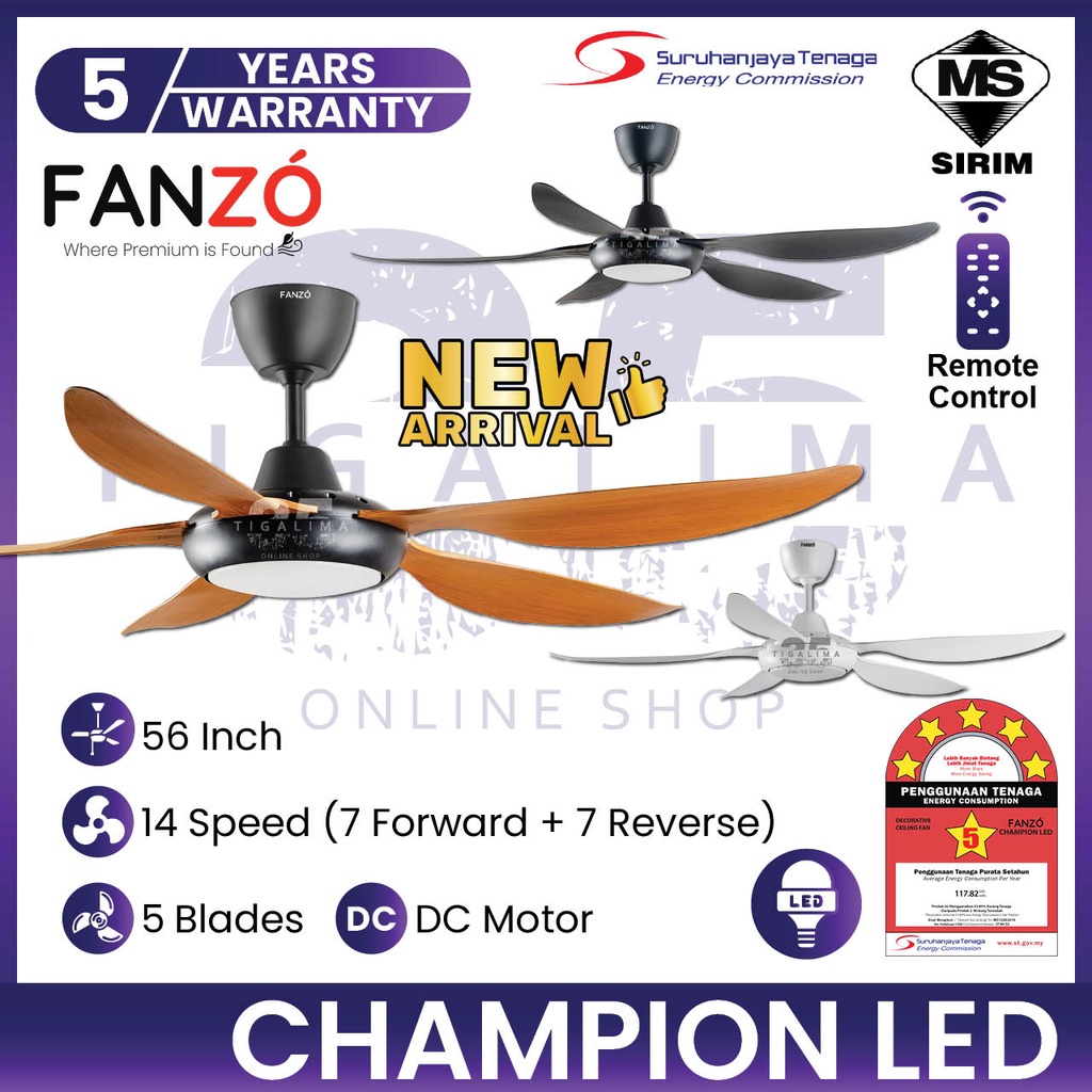 FANZÓ CHAMPION LED Fan 56Inch 5 Blades 7 Speed DC Motor 3Colour LED ...