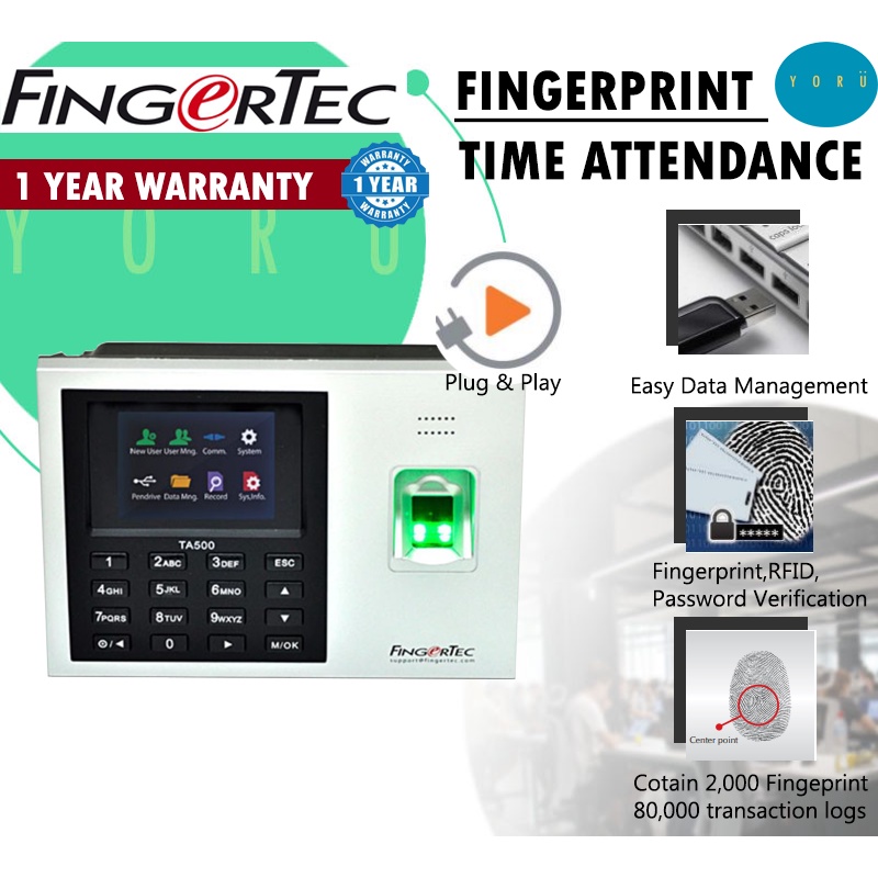 FingerTec Biometric Fingerprint Thumbprint Time Attendance TA500 Machine Fingerprint Mesin ...