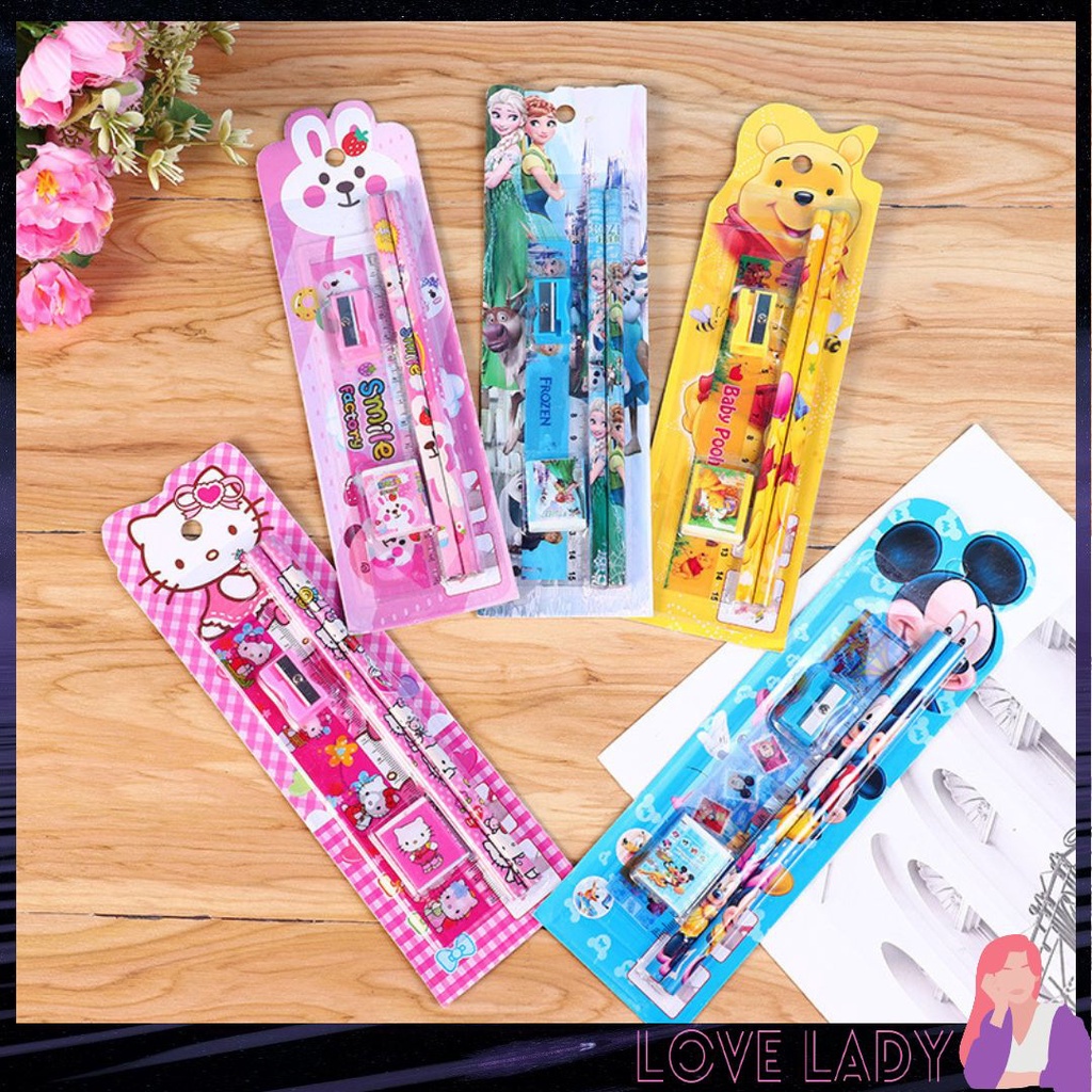 5in1 Cartoon Stationery Set Pencil Ruler Eraser Sharpener School ...