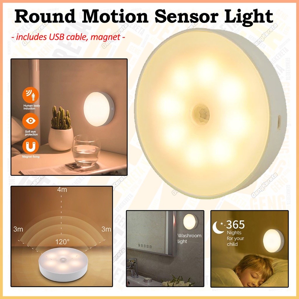 Round Motion Sensor Light LED Night Rechargeable Battery Powered Closet ...