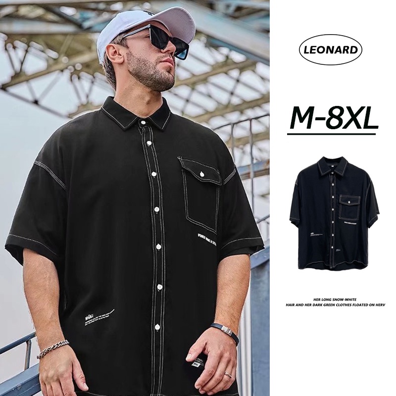 Fat Man Looking Slim High-end Shirt Men Big Size Black Short Sleeve ...