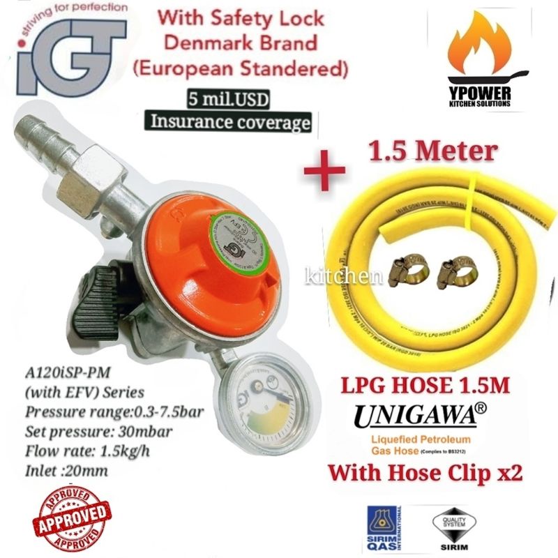IGT Gas Regulator With GAUGE&SAFETY LOCK / with 1.5M SAFETY gas hose ...