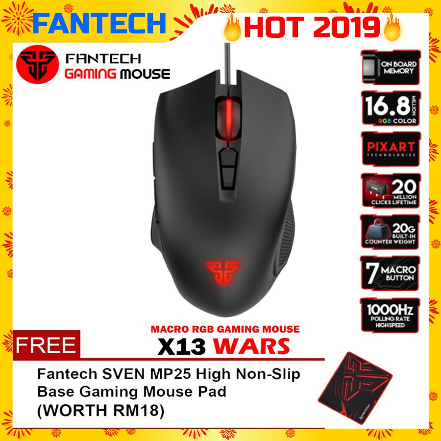 FANTECH X13 Wars USB mouse 7 button optical RGB LED lights MACRO 4800 ...
