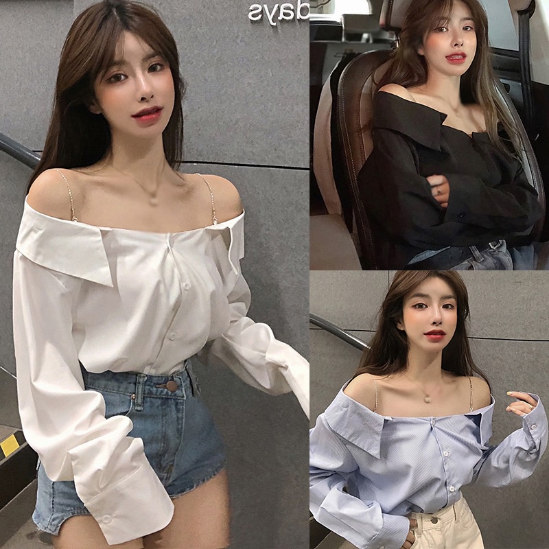 Women's Crop Top Shirt Loose Fit Solid Off The Shoulder Button Front ...