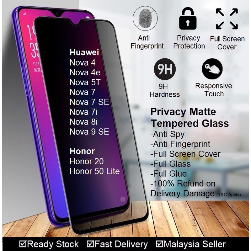 Huawei Nova 9 SE 7 SE 8i 7i 5T 4 4e 3 3i Honor 20 50 Lite Nova7 Privacy Matte Anti Spy Full ...