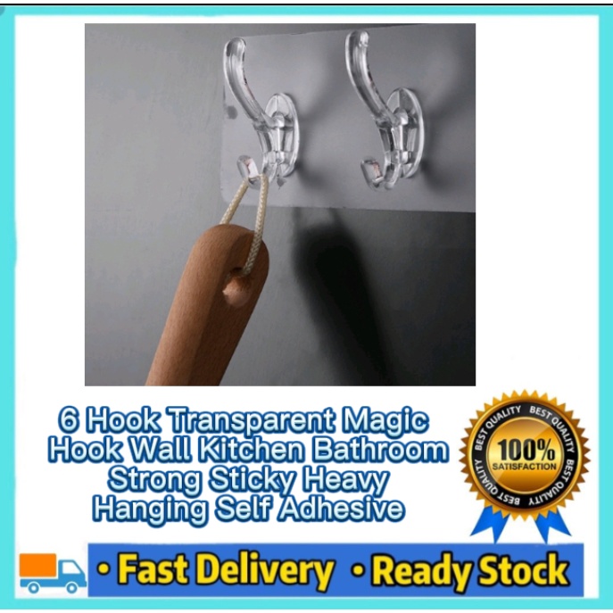 (BKK Best) 6 Hook Transparent Magic Hook Wall Kitchen Bathroom Strong ...