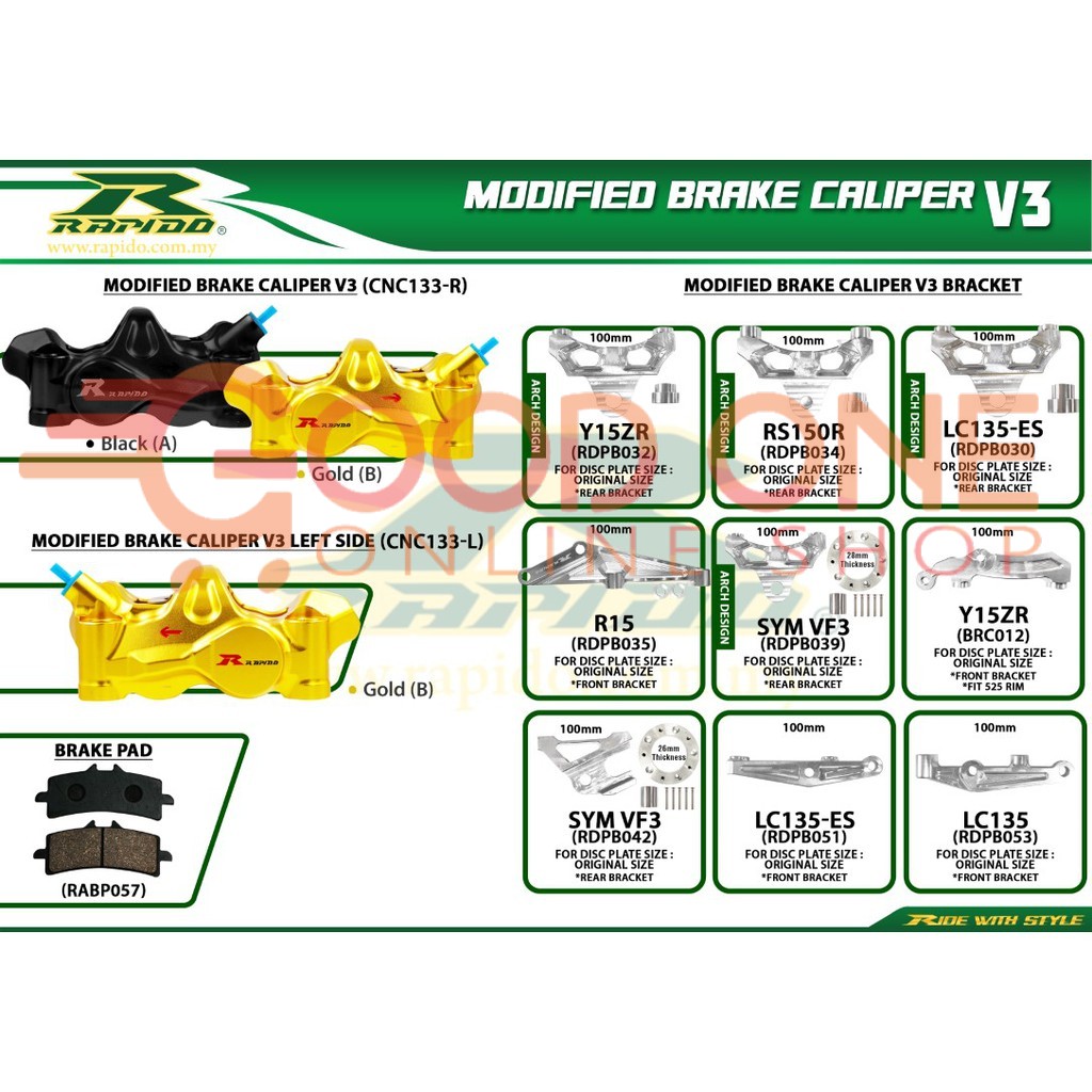 Rapido SYM VF3i Rear Original Disc Plate Modified Brake Caliper V3 ...