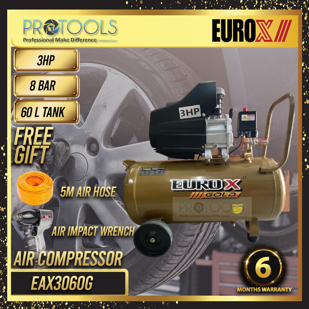 EUROPOWER EUROX EAX3060 / EAW-3060G GOLD COLOUR3HP/60L AIR COMPRESSOR F.O.C PU RECOIL HOSE & Air ...