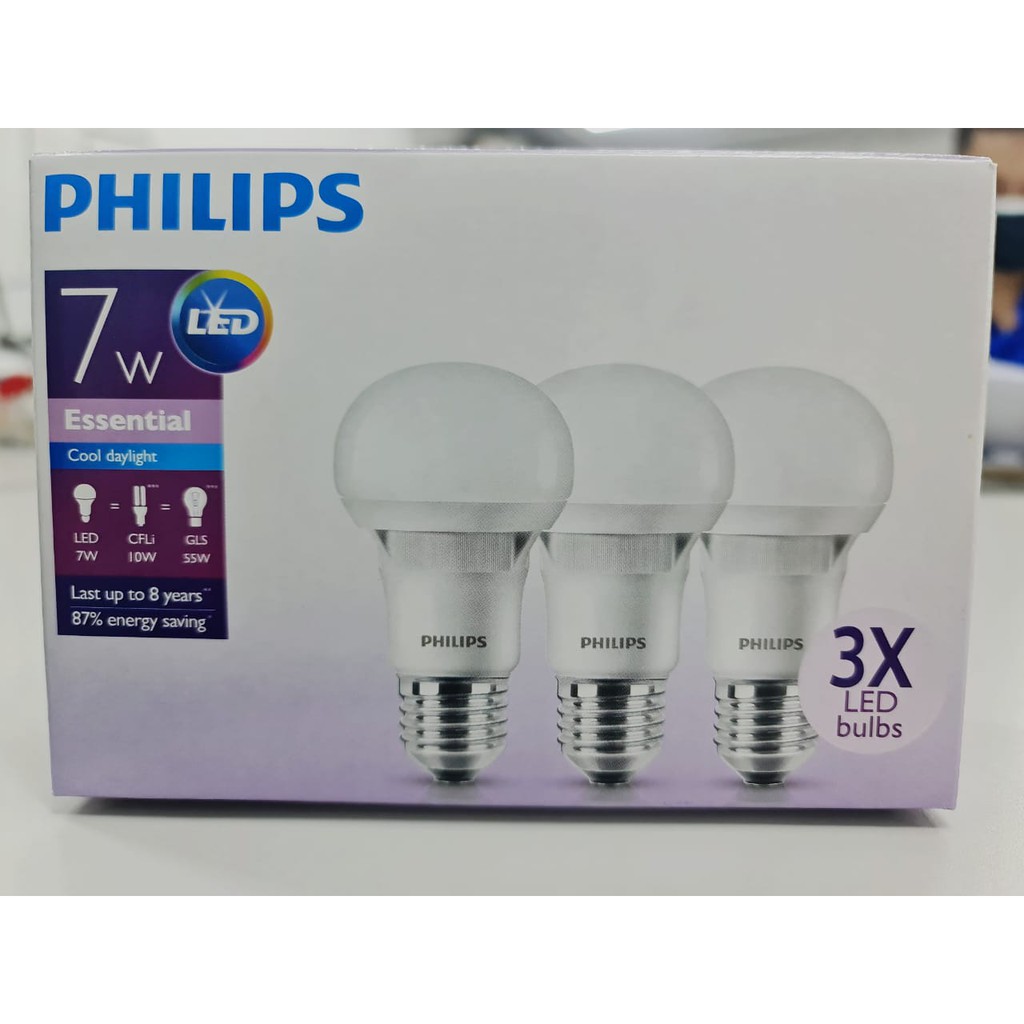 3pcs in a box Philips Essential LED Bulb 7w 6500K E27 Day Light Lampu LED | Shopee Malaysia