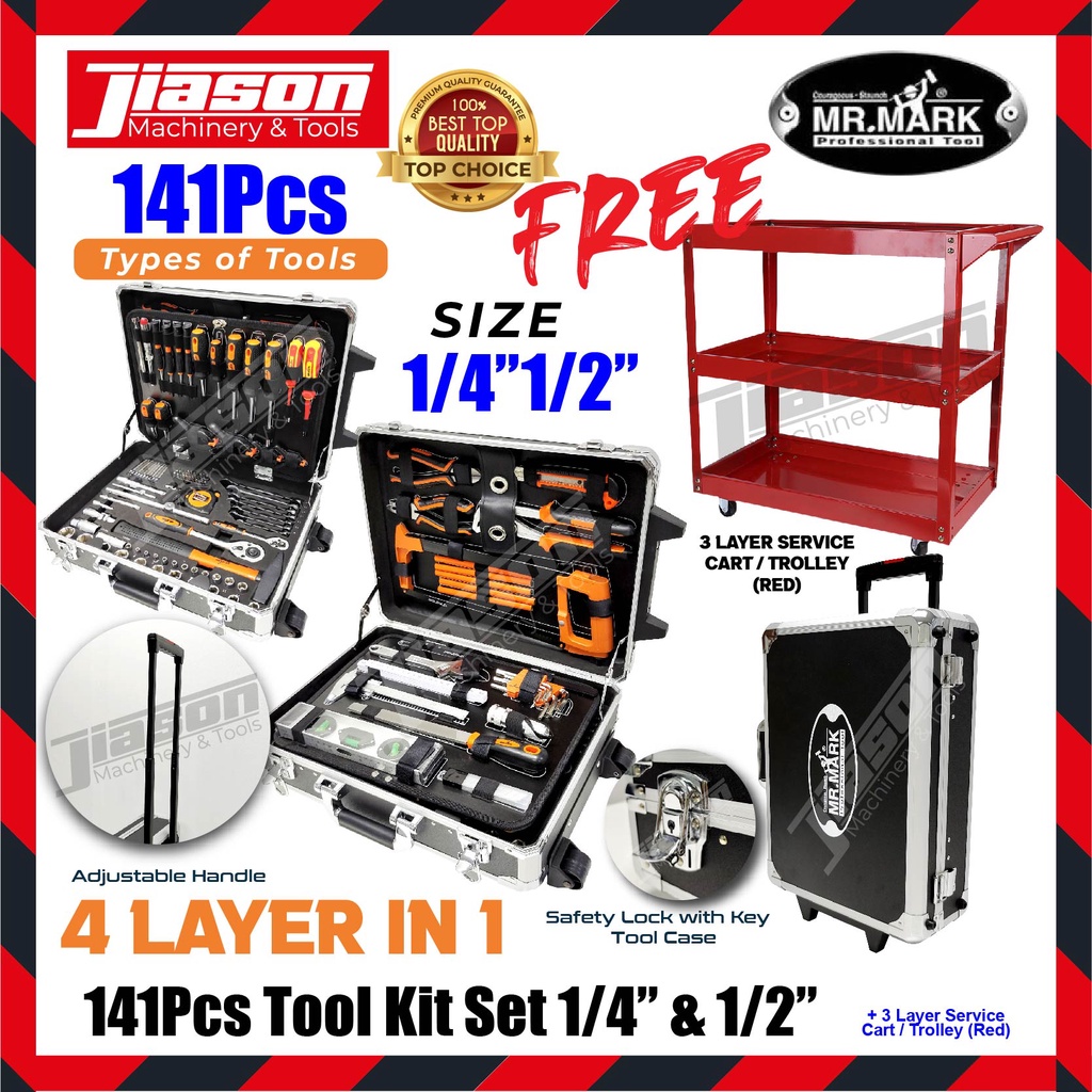 MR MARK MK-SET-0396 141PCS 1/4" & 1/2" Tool Kit Set with Aluminium Tool ...
