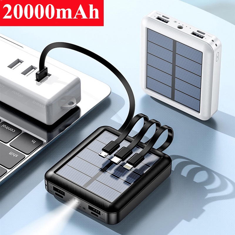 20000mAh Mini Solar Power Bank Portable Fast Charger Built in 4 Cables ...