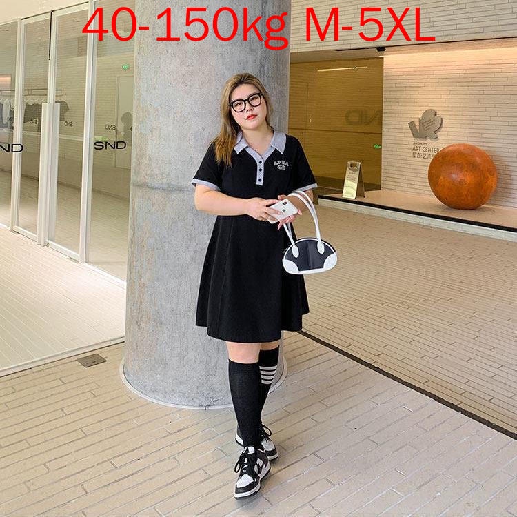 【M-5XL 40-150KG】大码女装夏季胖妹妹撞色短袖polo领连衣裙女300斤显瘦中长款a字裙 plus size extra large size oversize fat big ...