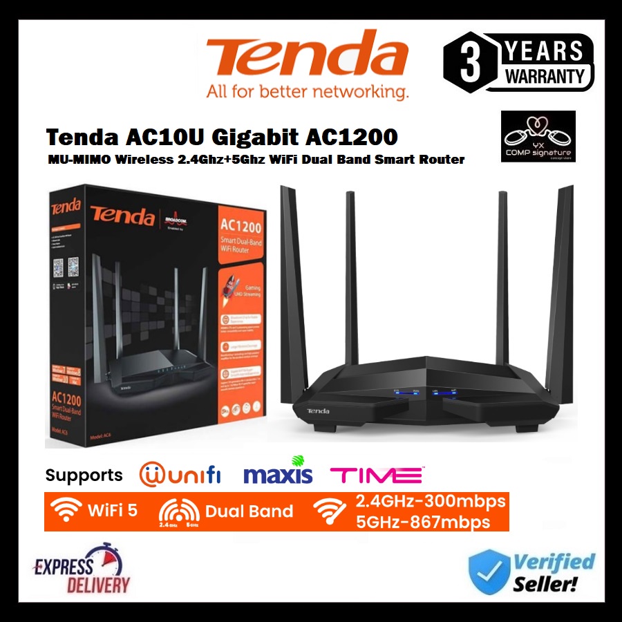 Tenda AC10U Gigabit AC1200 MU-MIMO Wireless 2.4Ghz+5Ghz WiFi Dual Band Smart Router for UniFi ...