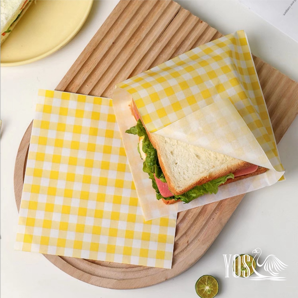 [50pcs] Greaseproof Food Pouch Wax Paper Checker Sandwich Wrap Bread ...