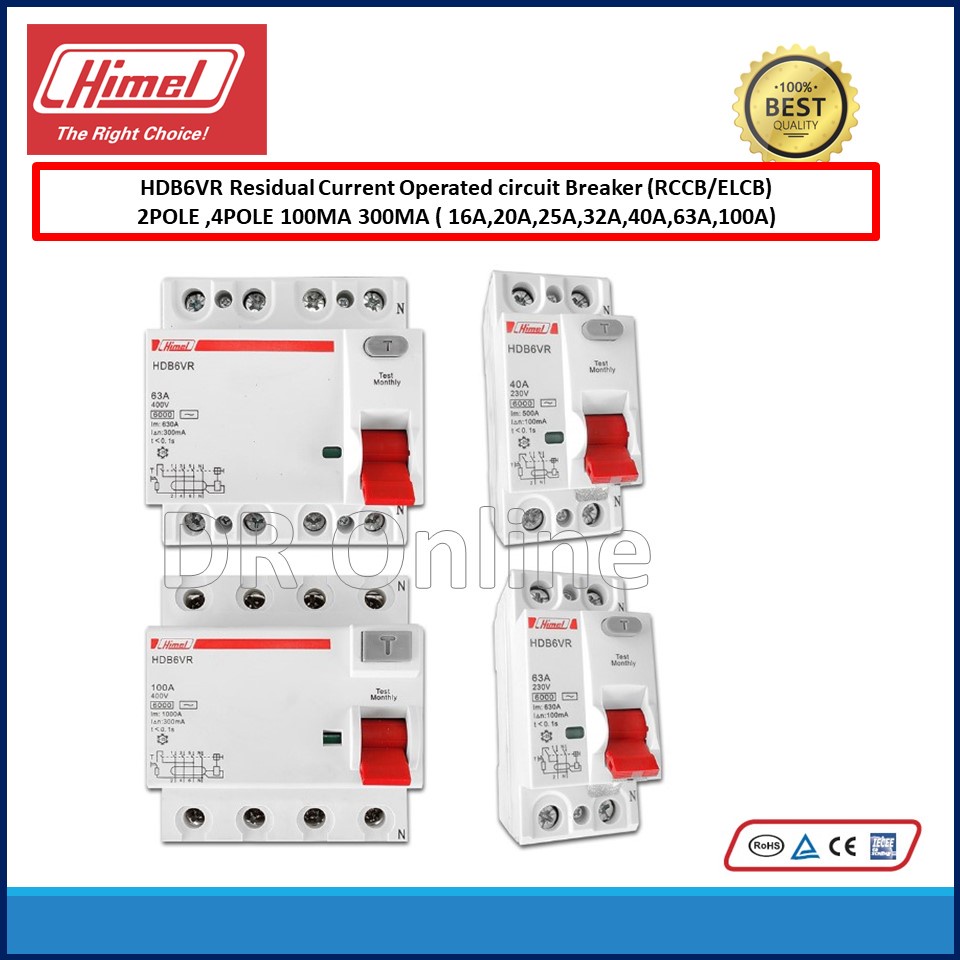 Himel ELCB Residual Current Circuit Breaker 2Pole 100MA 40A,63A, 4Pole 300MA 40A,63A,100A ...