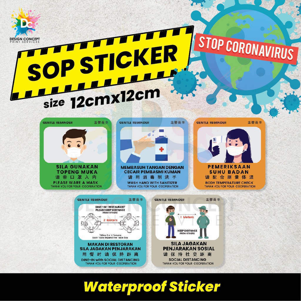 SOP MCO Must Have Sticker Social Distancing Attention Body Temperature ...