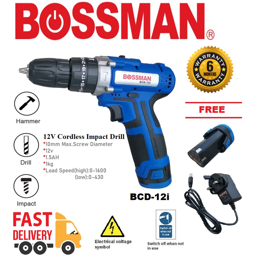 BOSSMAN BCD-12i 12V Li-ion CORDLESS IMPACT DRILL POWER TOOL MESIN TANPA ...