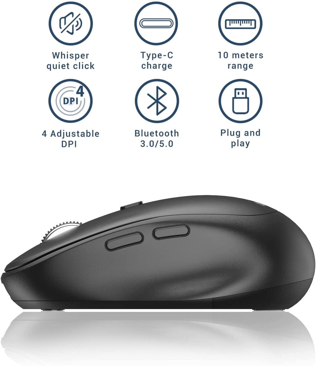 iClever MD165 Dual Mode Wireless Bluetooth Mouse, Type-C Rechargeable, Ergonomic mouse, 3 Device ...