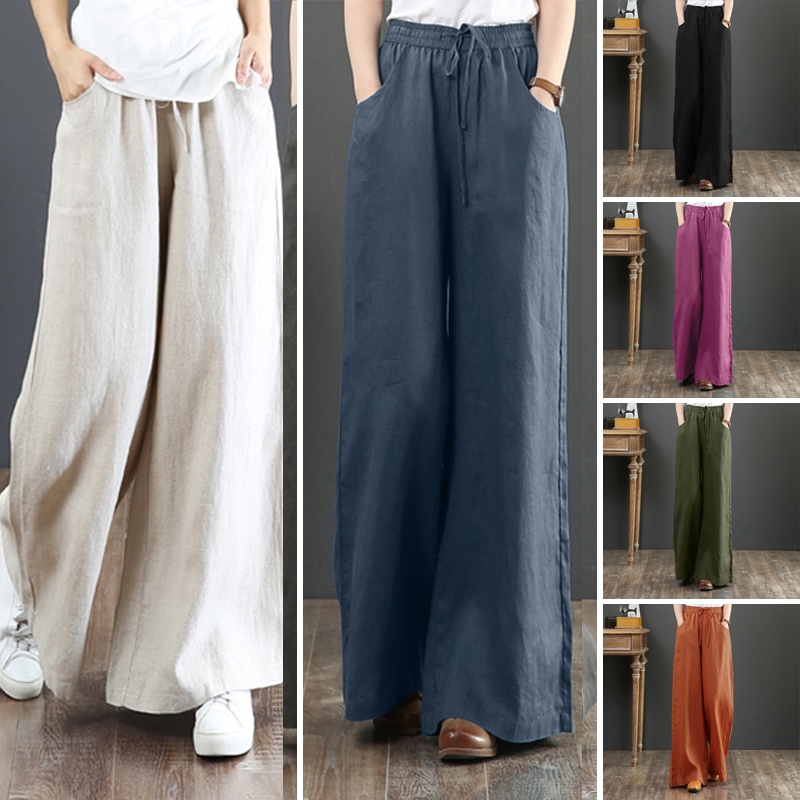 Women Casual Wide Legs Elastic Belted Solid Color Long Pants | Shopee ...