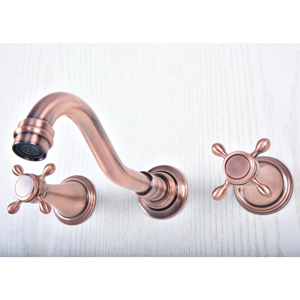Red Copper Color Brass Wall Mount Widespread Bathroom Sink Faucet Dual ...