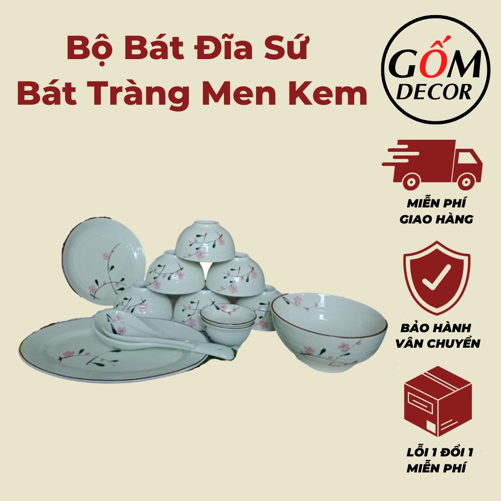 High-quality Bat Trang porcelain dinnerware set, 13-piece cream enamel ...