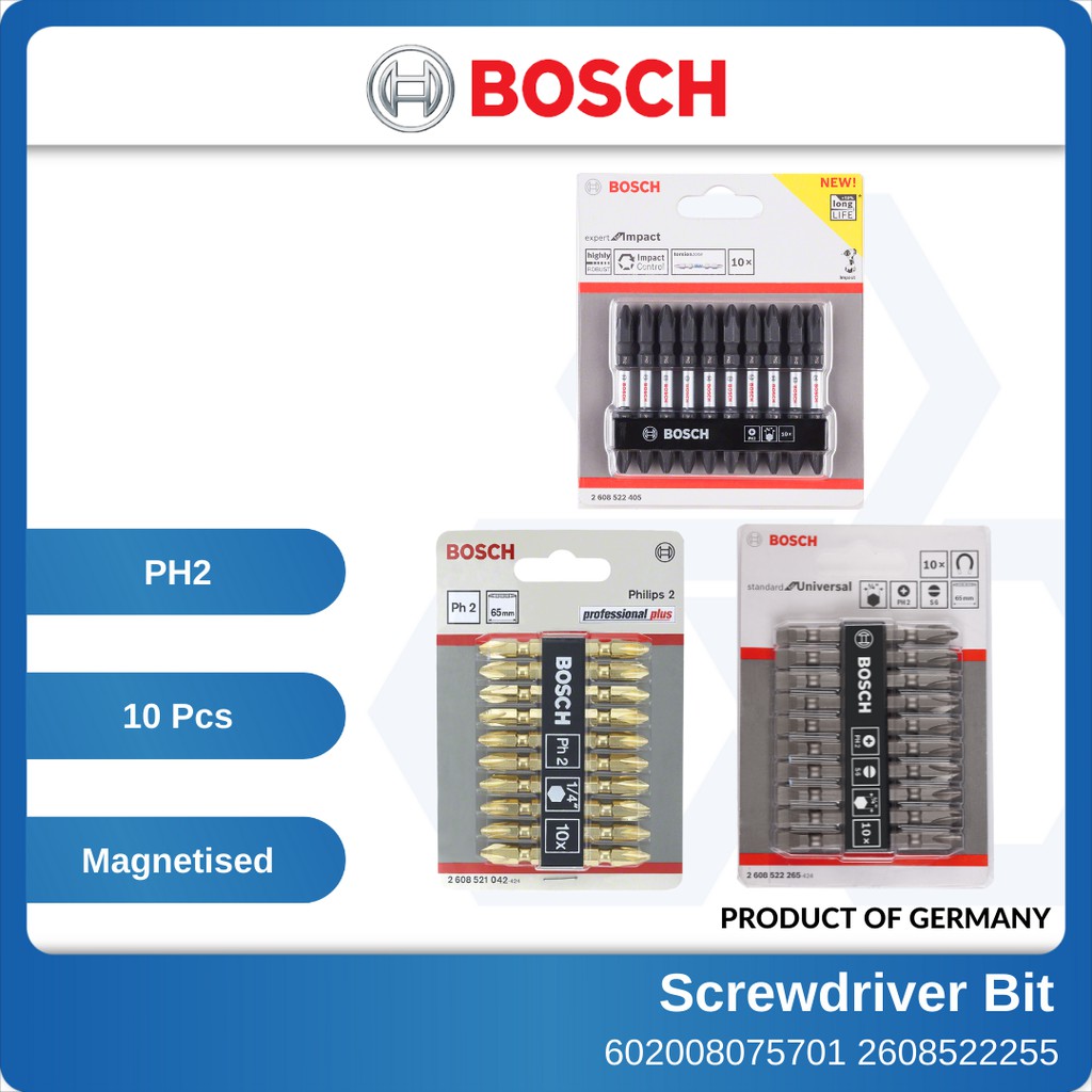 BOSCH 10 Pcs Impact Gold Grey Magnetised Screwdriver Bit PH2 65mm 110mm ...